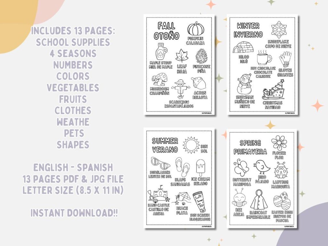 Bilingual Vocabulary Coloring Pages | English Spanish Printable ...
