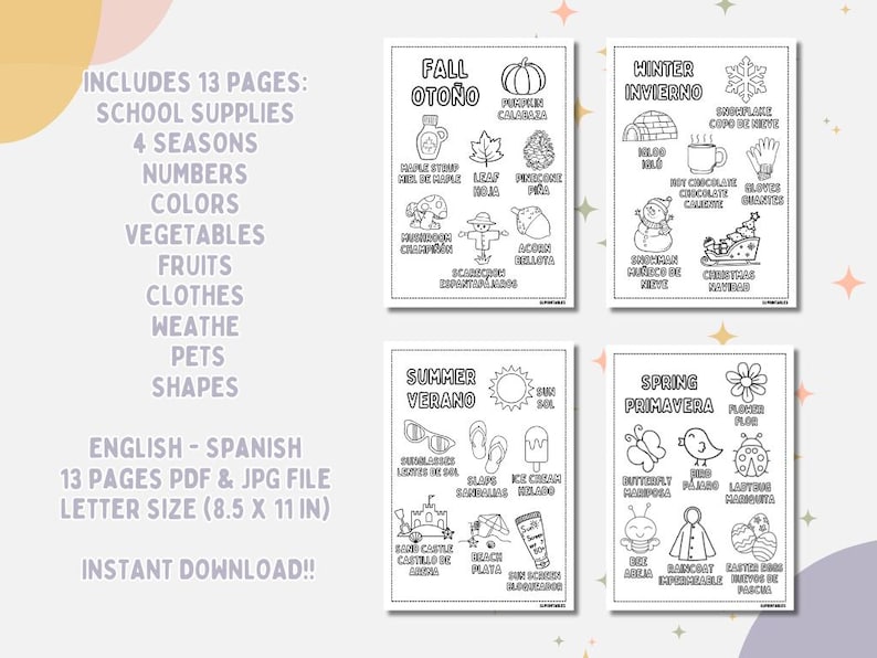 Bilingual Vocabulary Coloring Pages | English Spanish Printable ...