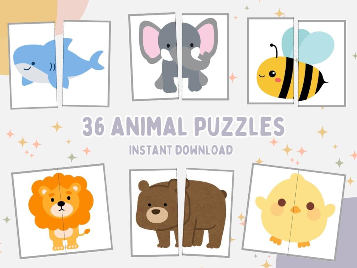 Animal Puzzle Activity Printable, Preschool Animal 2 Piece Puzzle Game ...