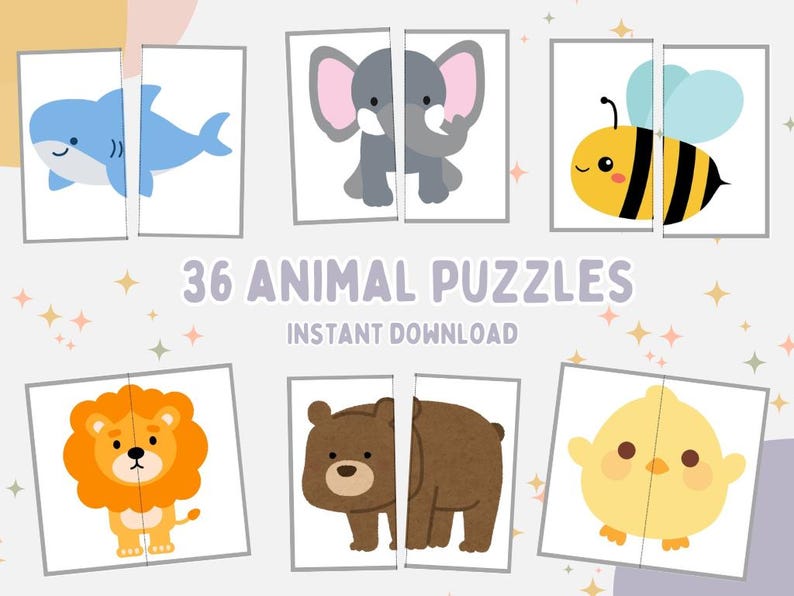 Animal Puzzle Activity Printable, Preschool Animal 2 Piece Puzzle Game ...