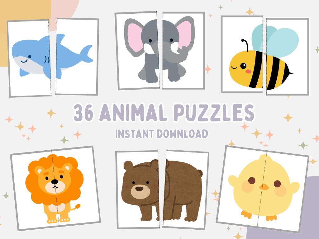 Animal Puzzle Activity Printable, Preschool Animal 2 Piece Puzzle Game ...
