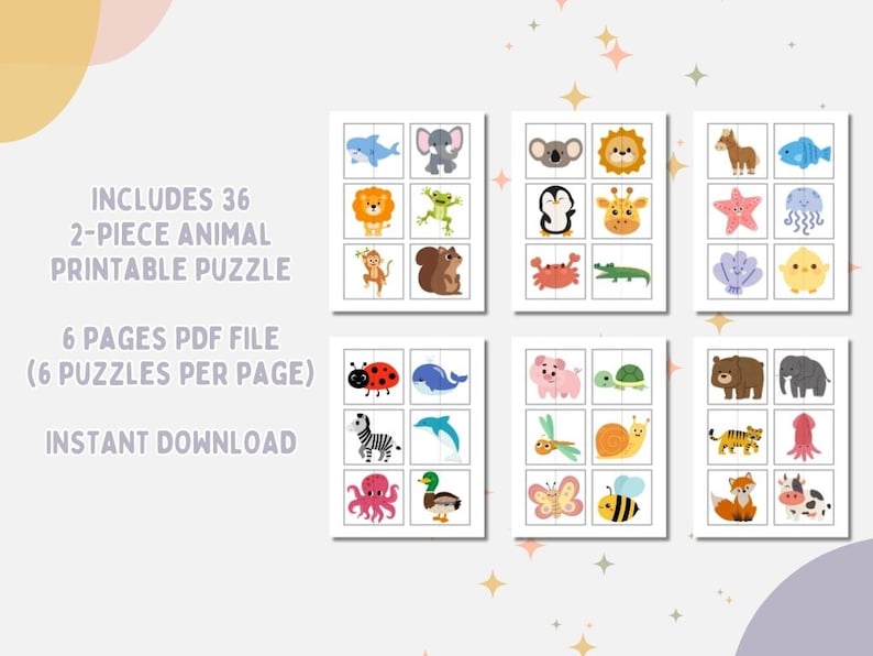 Animal Puzzle Activity Printable, Preschool Animal 2 Piece Puzzle Game ...