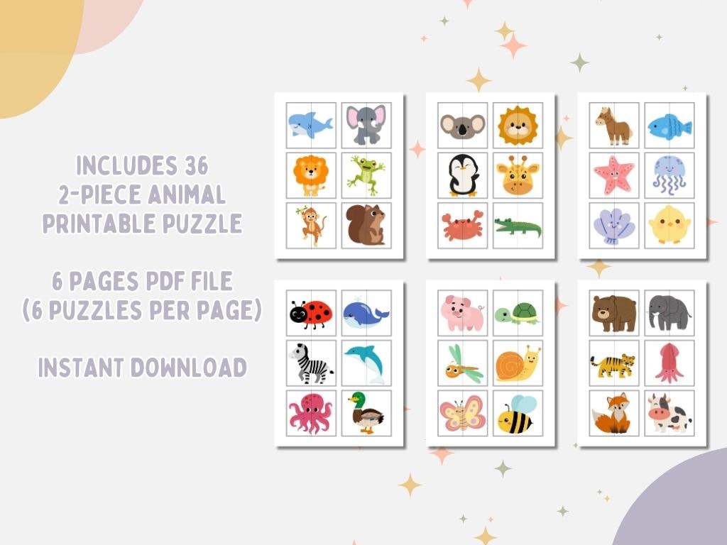 Animal Puzzle Activity Printable, Preschool Animal 2 Piece Puzzle Game ...