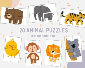Animal Puzzle Activity Printable, Preschool Animal 2 Piece Puzzle Game ...