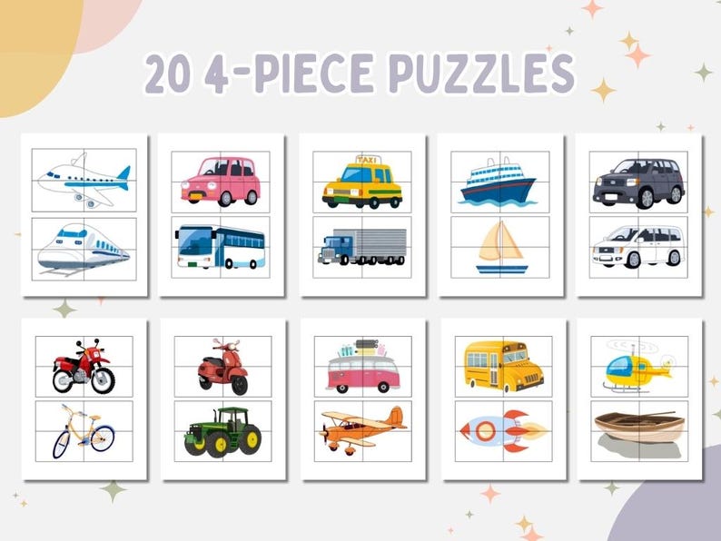 Vehicles Puzzle Activity Printable, Preschool Transportation 4 Piece ...