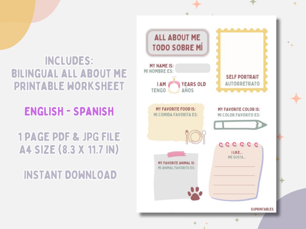 Bilingual All About Me Printable Worksheet | English Spanish Todo Sobre ...