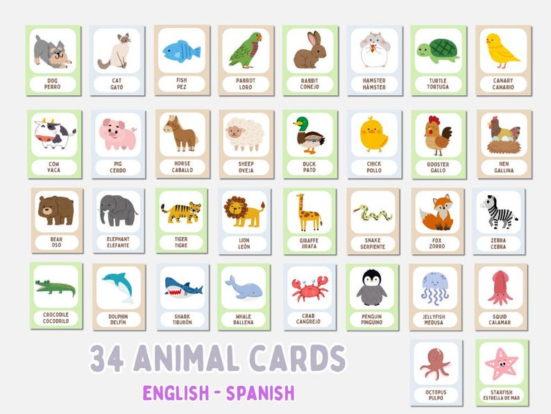 Bilingual Animal Printable Flashcards | English Spanish Vocabulary ...