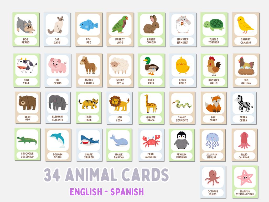 Bilingual Animal Printable Flashcards | English Spanish Vocabulary ...