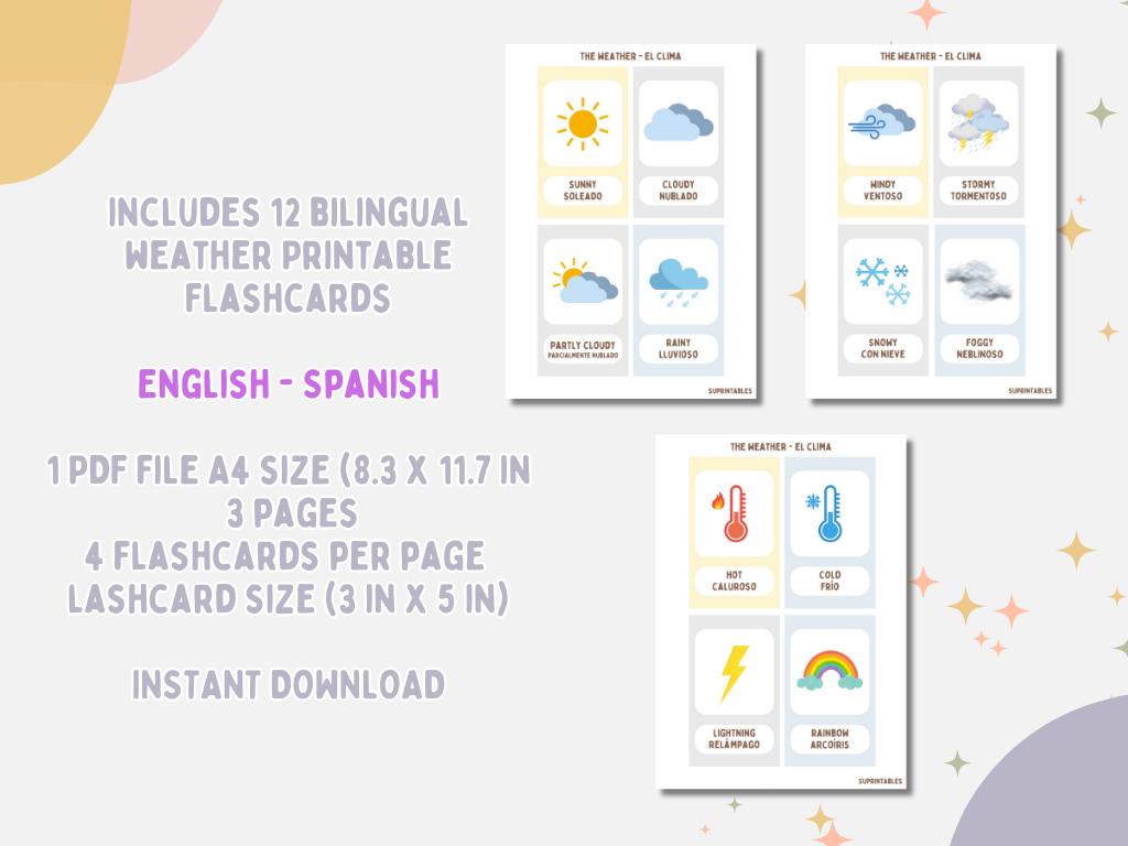Bilingual Weather Printable Flashcards | English Spanish Educational ...