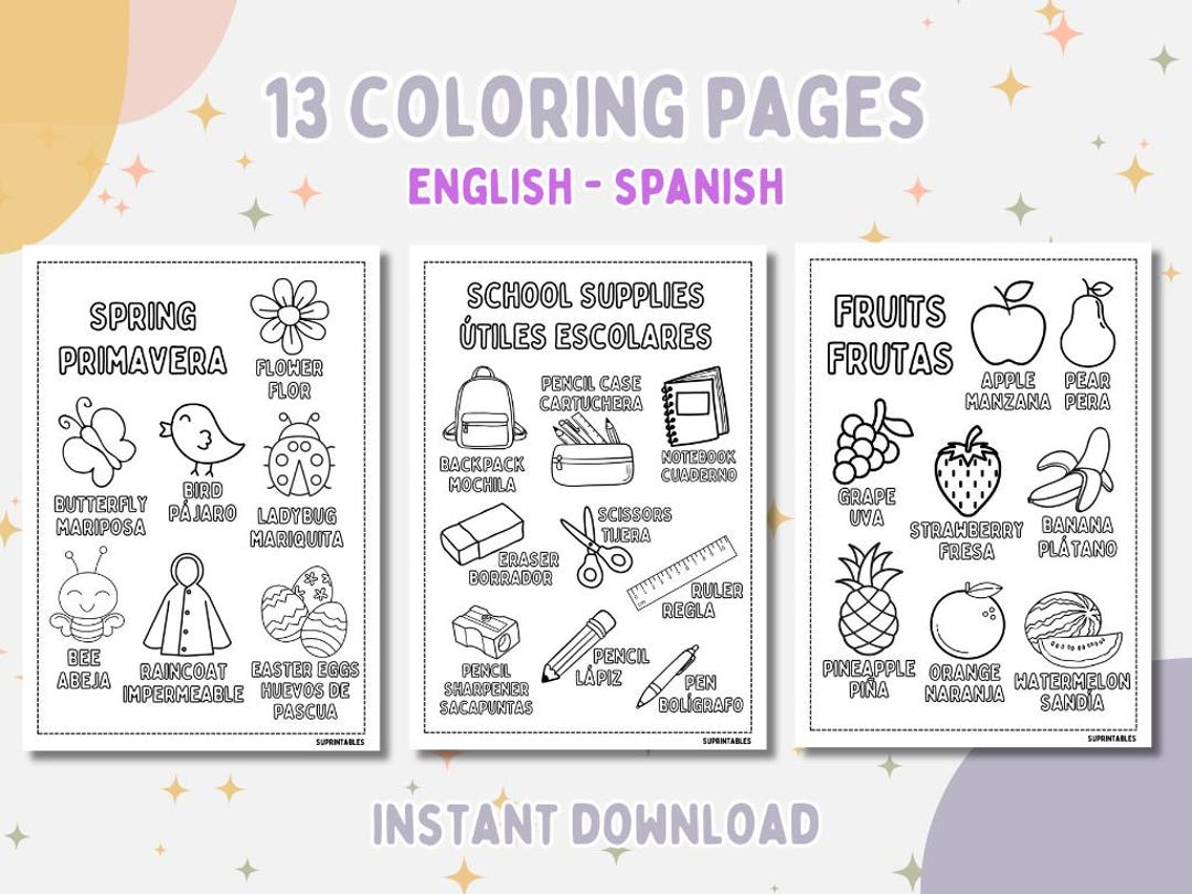 Bilingual Vocabulary Coloring Pages | English Spanish Printable ...