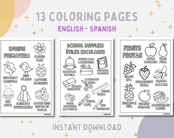 Bilingual Vocabulary Coloring Pages | English Spanish Printable ...