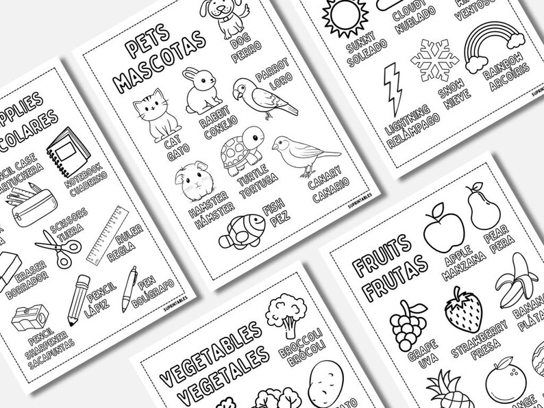 Bilingual Vocabulary Coloring Pages | English Spanish Printable ...