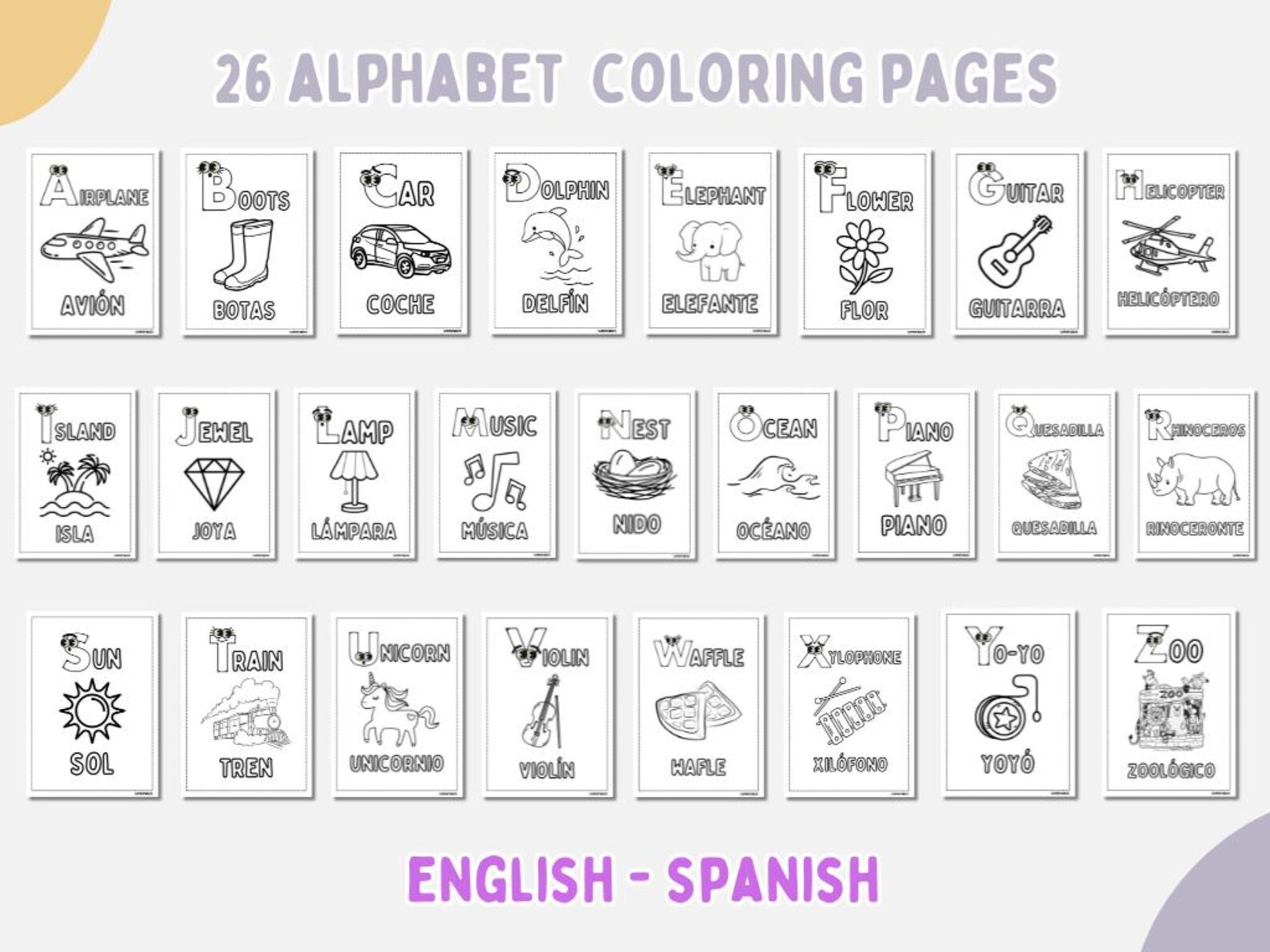 Bilingual Alphabet Vocabulary Coloring Pages | English Spanish A-Z ...