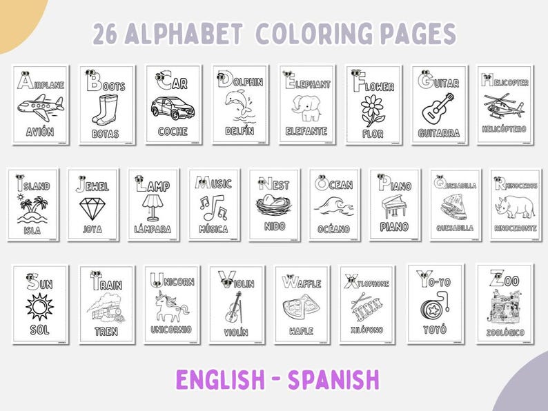 Bilingual Alphabet Vocabulary Coloring Pages | English Spanish A-Z ...