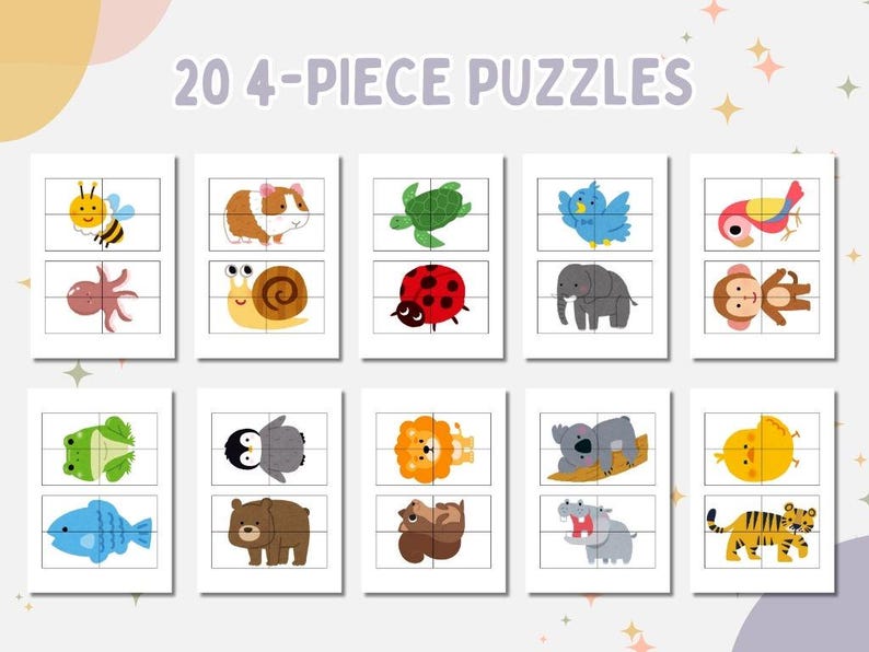 Animal Puzzle Activity Printable, Preschool Animal 4 Piece Puzzle Game ...