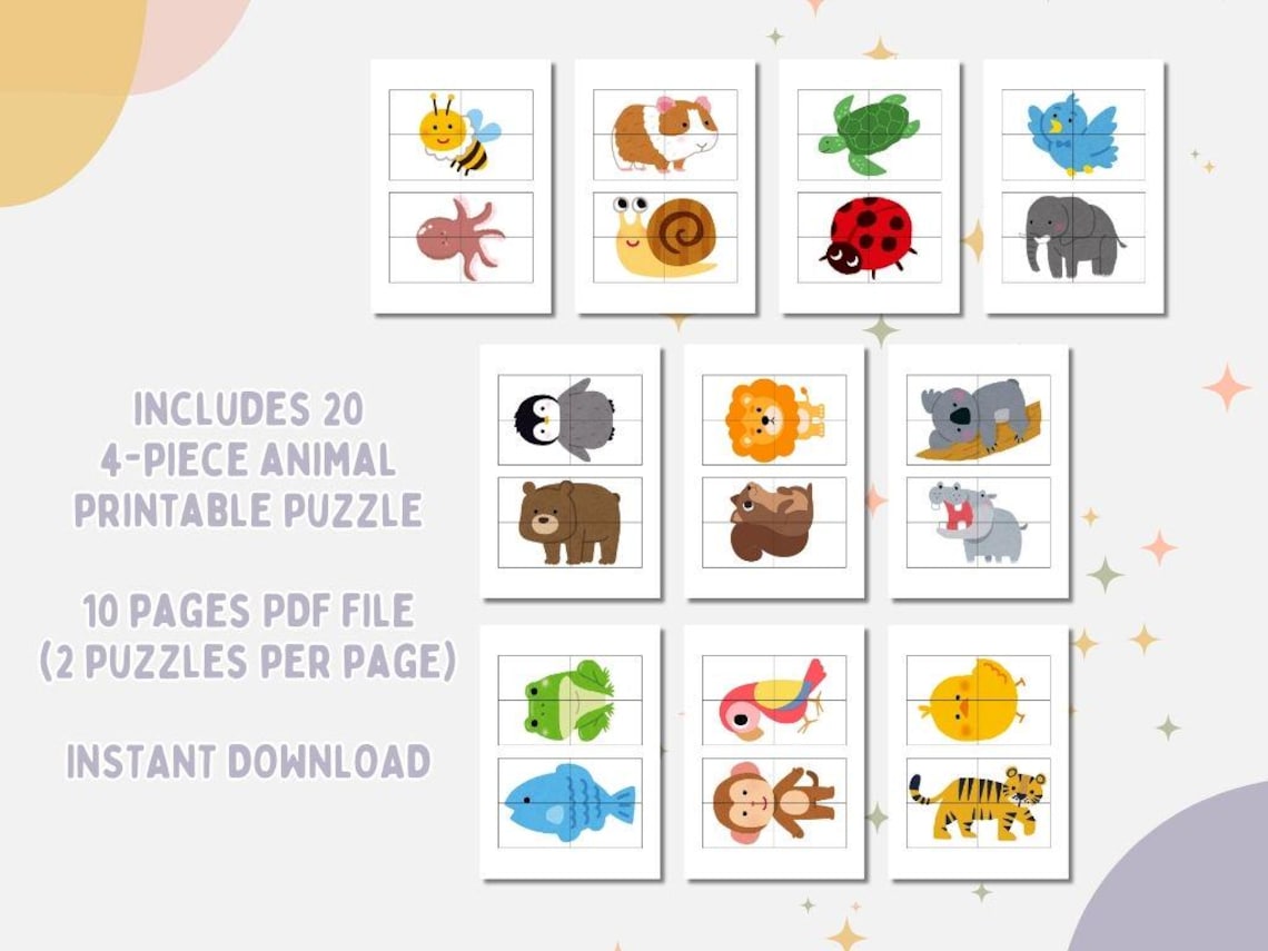 Animal Puzzle Activity Printable, Preschool Animal 4 Piece Puzzle Game ...