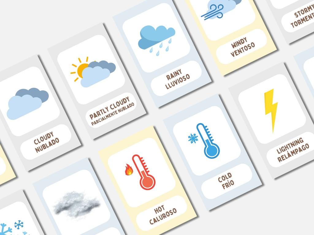 Bilingual Weather Printable Flashcards | English Spanish Educational ...