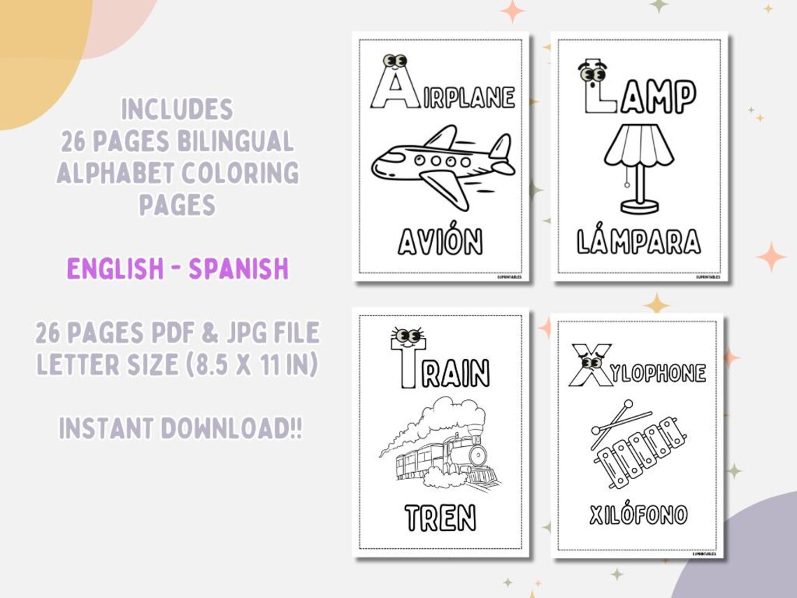 Bilingual Alphabet Vocabulary Coloring Pages English Spanish A-Z ...
