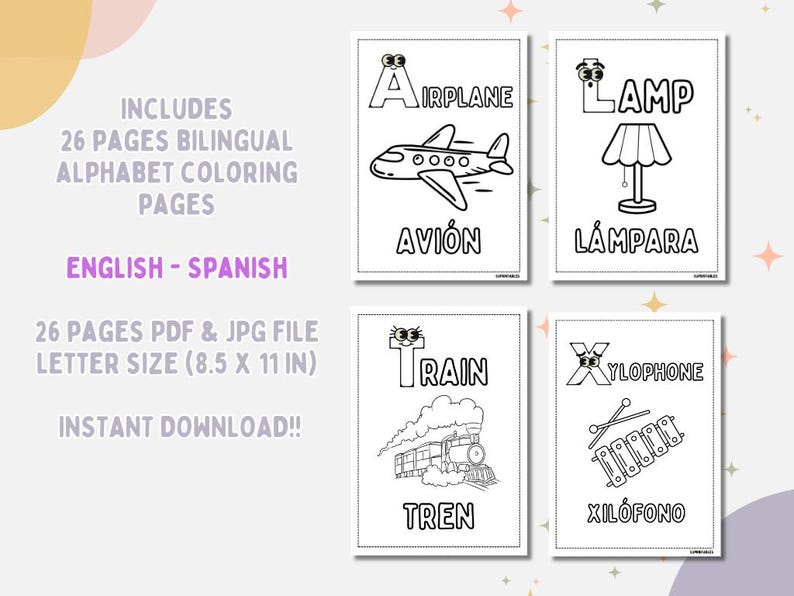 Bilingual Alphabet Vocabulary Coloring Pages | English Spanish A-Z ...