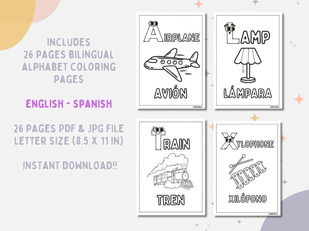 Bilingual Alphabet Vocabulary Coloring Pages | English Spanish A-Z ...