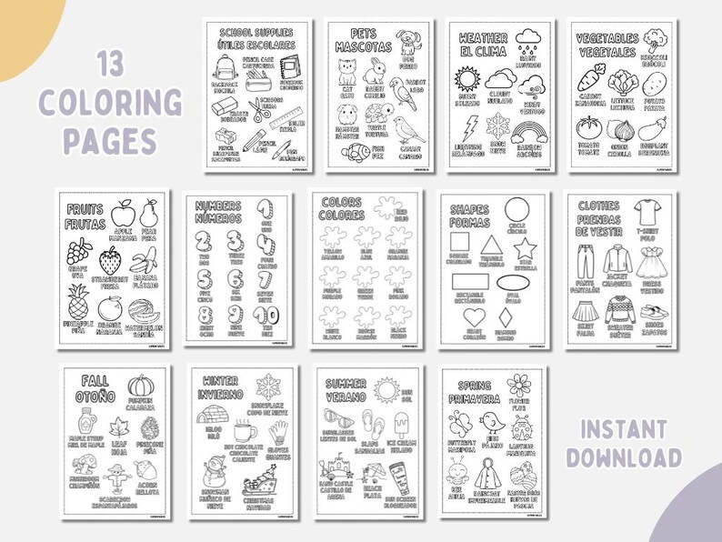 Bilingual Vocabulary Coloring Pages | English Spanish Printable ...