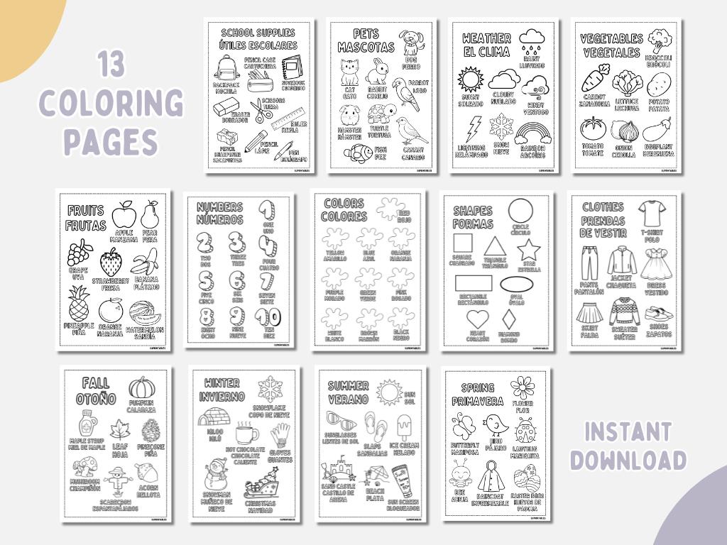 Bilingual Vocabulary Coloring Pages | English Spanish Printable ...