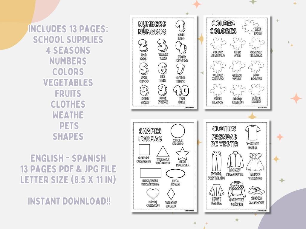 Bilingual Vocabulary Coloring Pages | English Spanish Printable ...