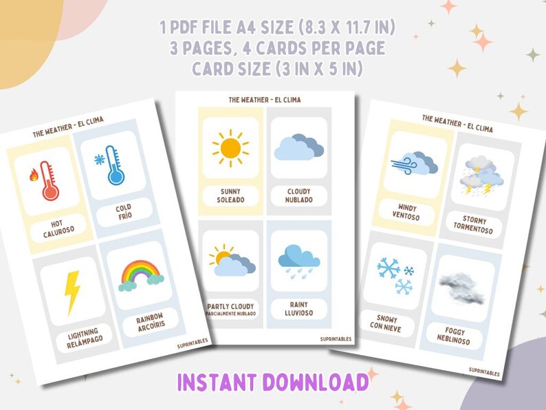 Bilingual Weather Printable Flashcards | English Spanish Educational ...