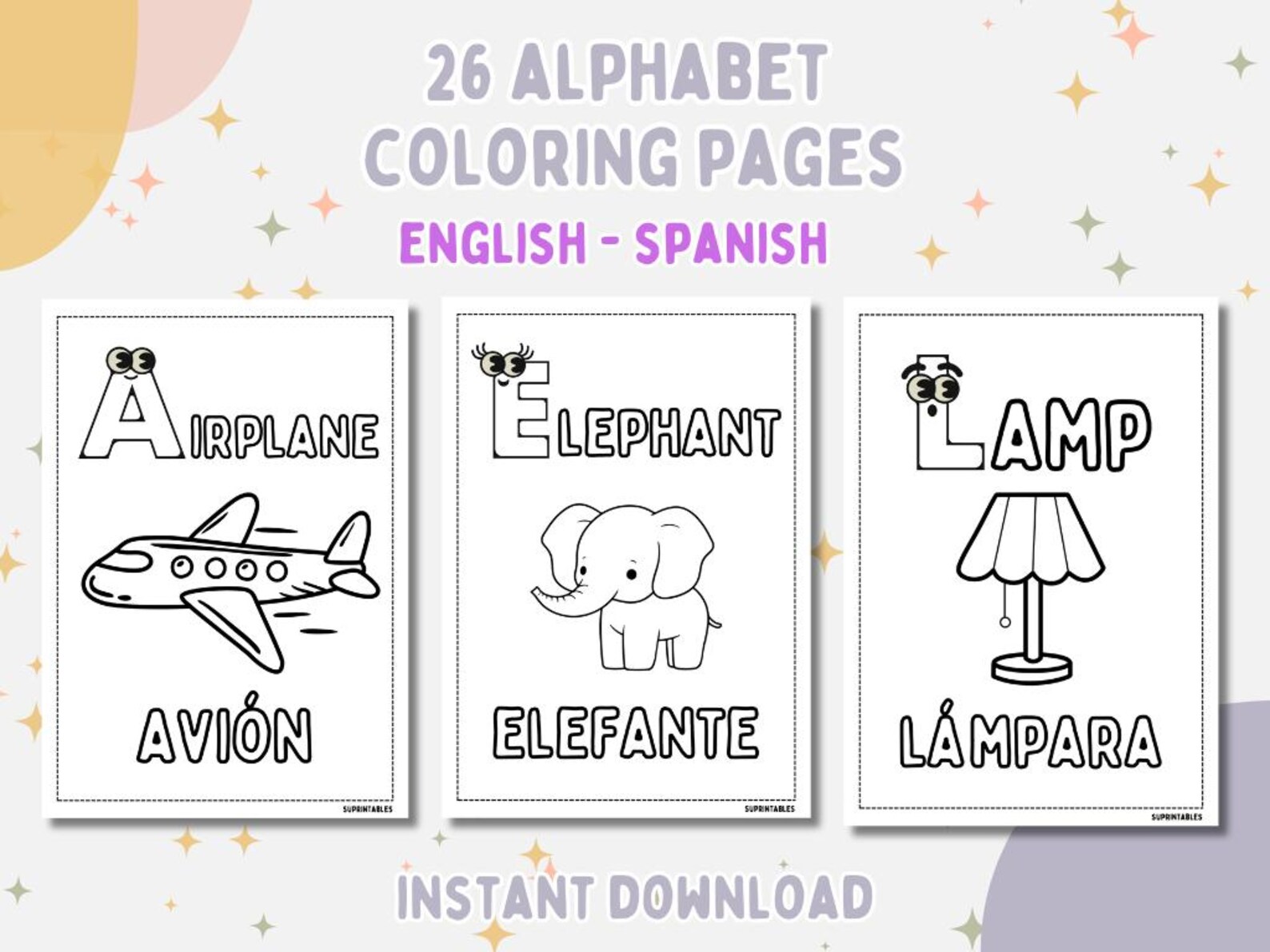 Bilingual Alphabet Vocabulary Coloring Pages | English Spanish A-Z ...