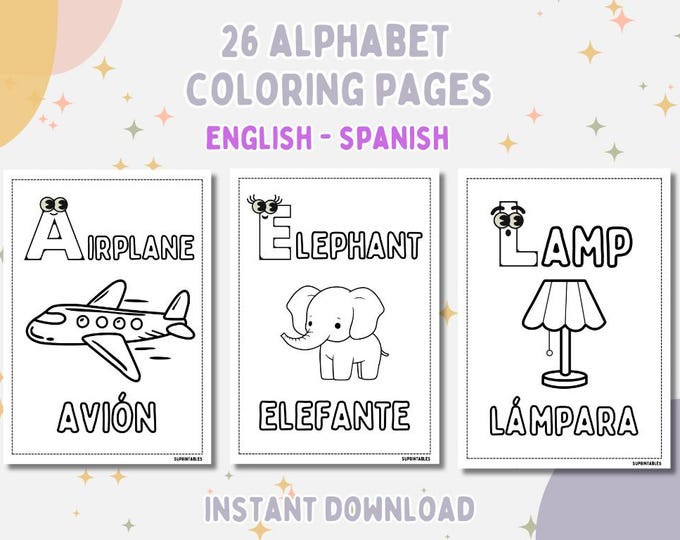 Bilingual Alphabet Vocabulary Coloring Pages | English Spanish A-Z ...