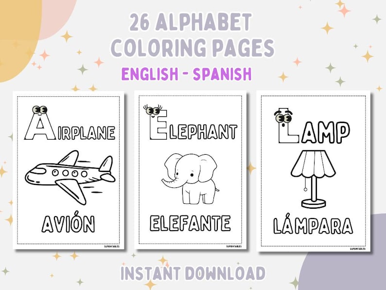 Bilingual Alphabet Vocabulary Coloring Pages | English Spanish A-Z ...