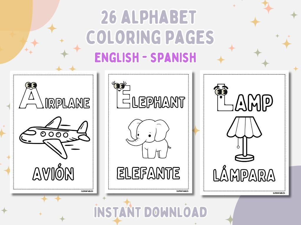 Bilingual Alphabet Vocabulary Coloring Pages | English Spanish A-Z ...