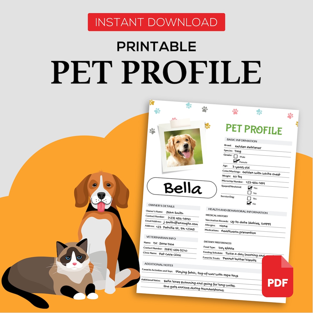 Printable Pet Profile PDF, Pet Information Form, Pet Records, Pet ...