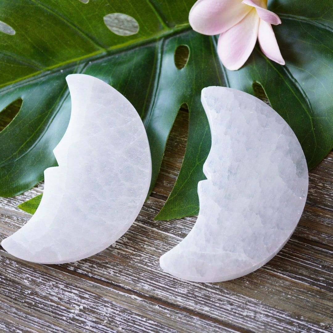 White Selenite Crescent Moon Crystal Charging Plate With Facial Profile ...