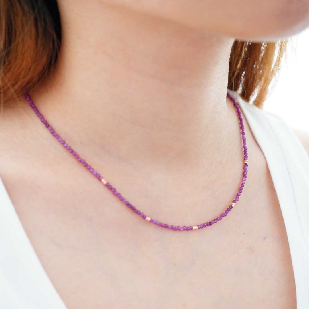 Faceted Ruby Gemstone Thin Necklace, Beaded Necklace, Gemstone Necklace ...