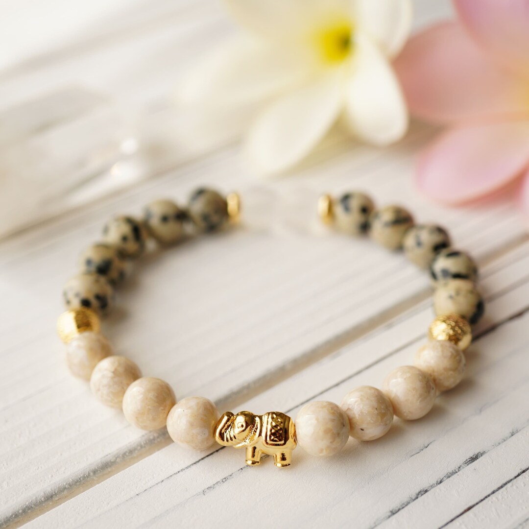 Riverstone & Dalmatian Jasper Gold Elephant Good Luck Bracelet ...
