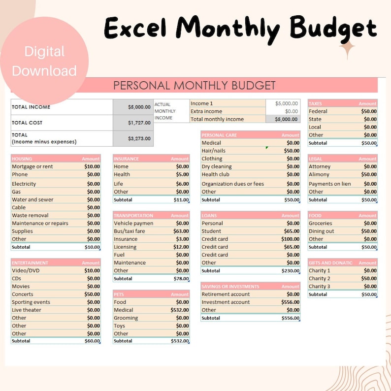 Monthly Budget Spreadsheet Template for Excel, Budget Sheet, Budget ...