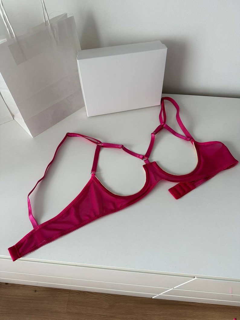 Pink Open Cup Bra and Pink Quick Access Thong Panties, Cupless Lingerie ...