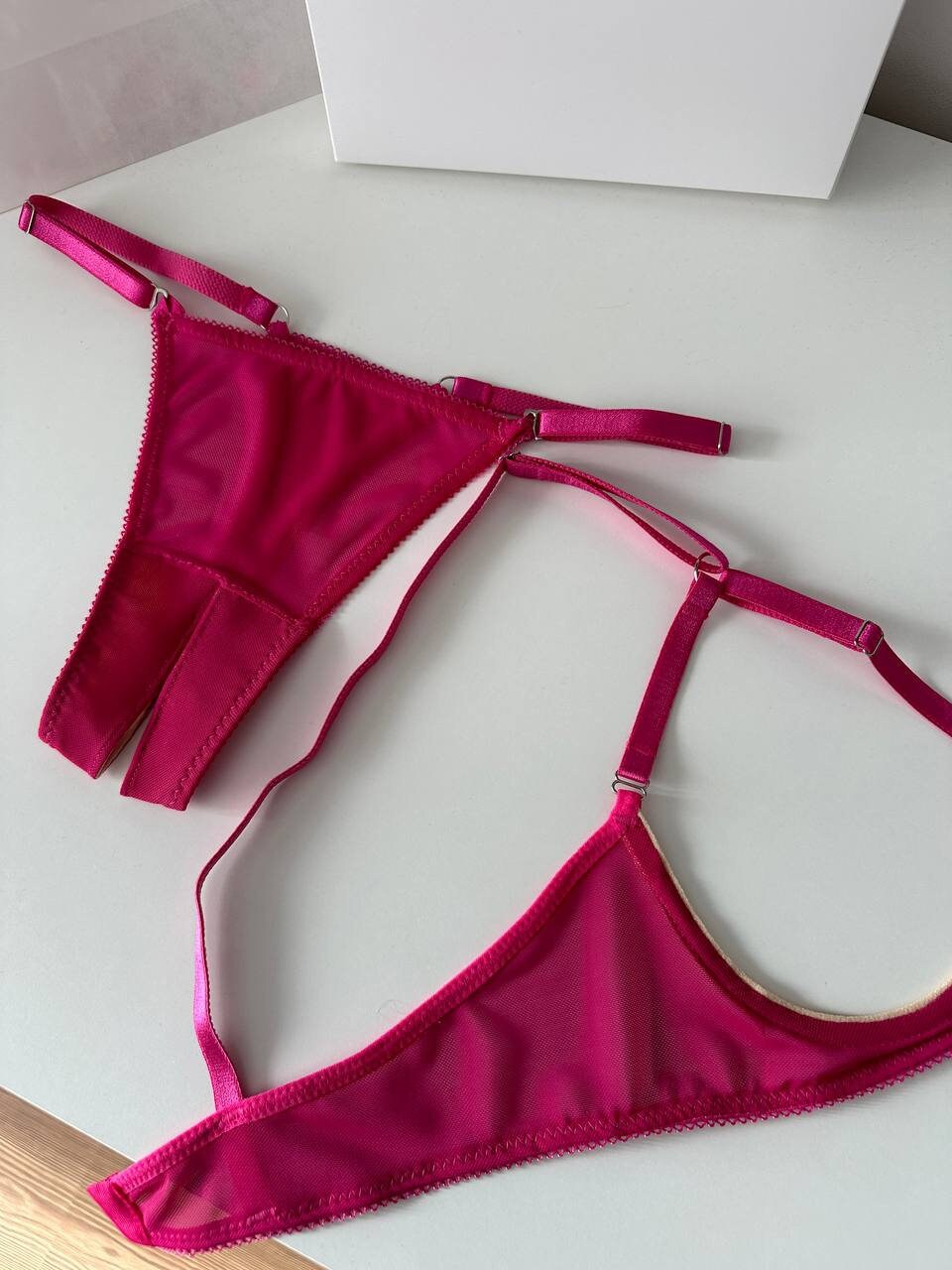 Pink Open Cup Bra and Pink Quick Access Thong Panties, Cupless Lingerie ...