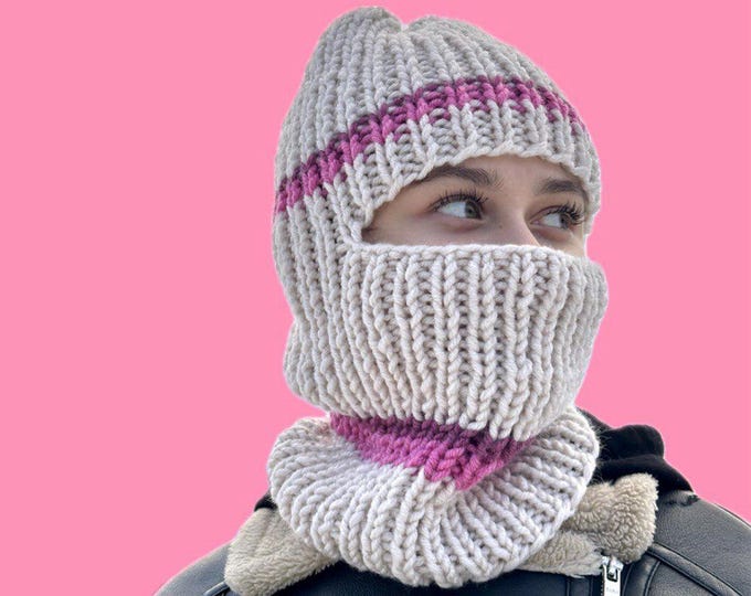 Handmade Knit Balaclava – Milky White With Pink Stripes - Etsy