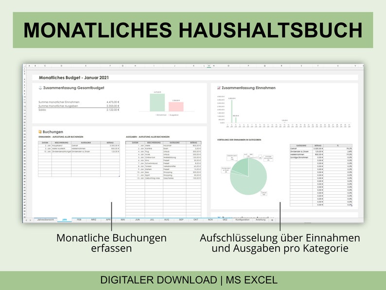 Haushaltsbuch Excel Vorlage | Monatliches Tracking für Ausgaben und Einnahmen | Deutsche Version ...