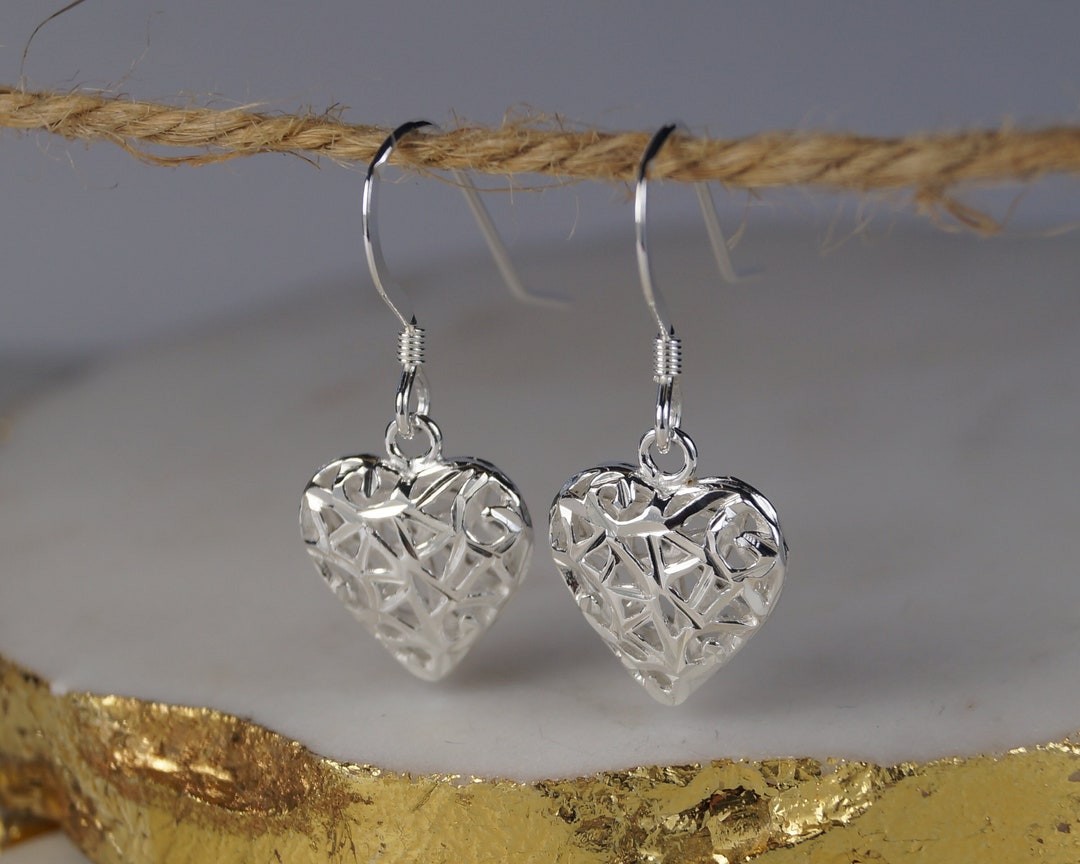 Sterling Silver Heart Dangle Earrings, Open Work Nest Design - Etsy UK