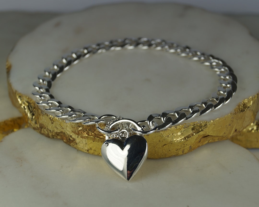 Sterling Silver Charm Bracelet With Heart Charm and Safety Chain. - Etsy