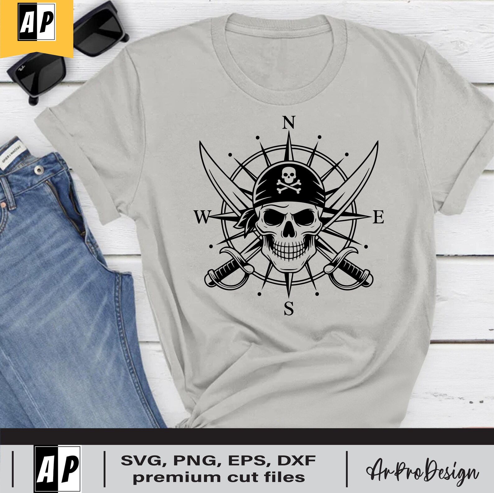 Pirate Skull Compass SVG – Nautical Jolly Roger Clipart With Swords for ...
