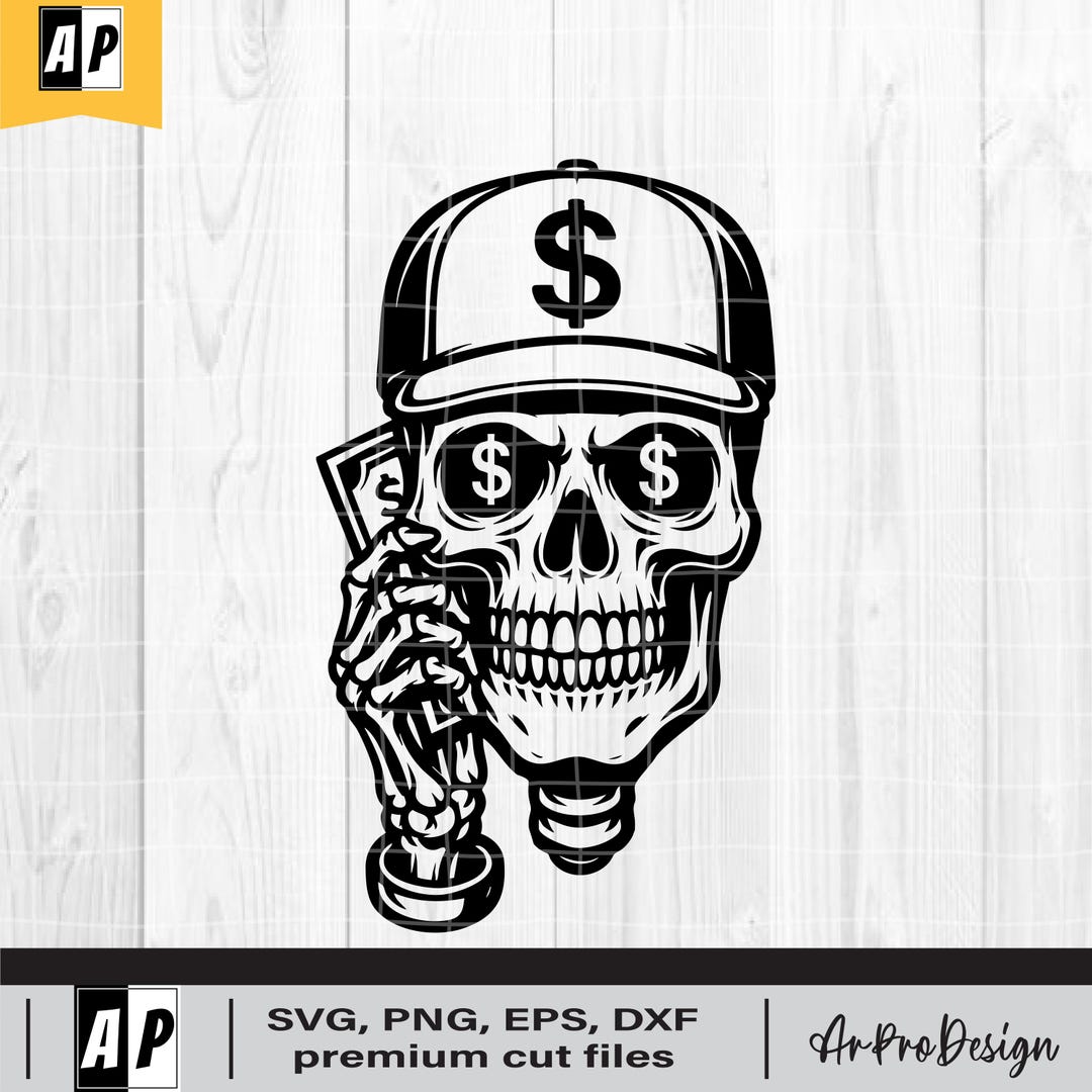 Skull Holding 100 Dollar Bills SVG, Money Skull Clipart, Skeleton With ...