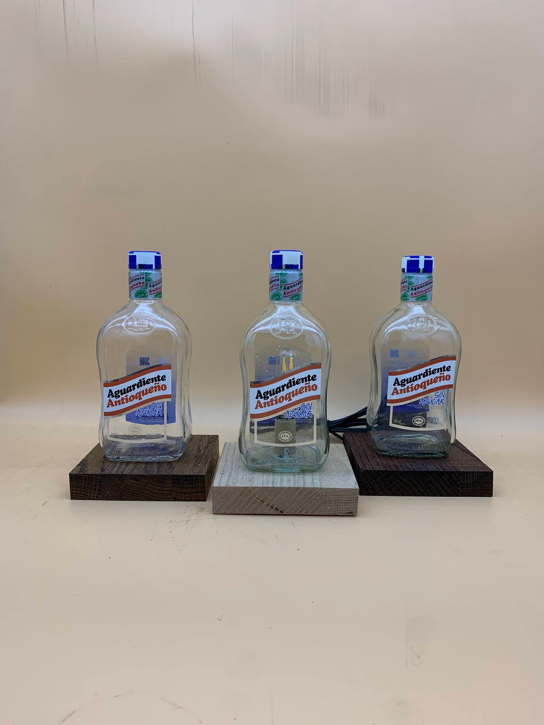 Aguardiente Bottle Lamp - Upcycled Bottle - Recycled Red Oak Base ...