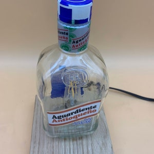 Aguardiente Bottle Lamp - Upcycled Bottle - Recycled Red Oak Base ...