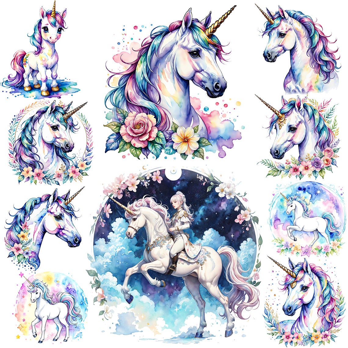 Unicorn Watercolor Clipart-10 High-quality PNG Images Magical - Etsy