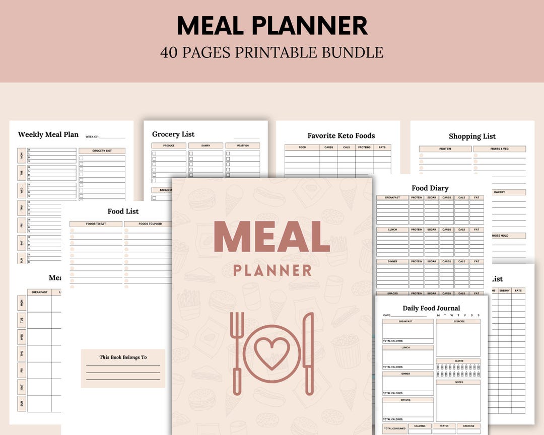 Printable Meal Planner Bundle: Food Journal, Grocery List (instant ...