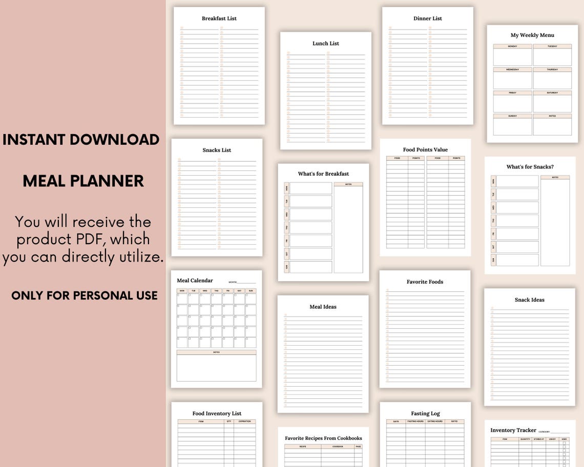 Printable Meal Planner Bundle: Food Journal, Grocery List (instant ...